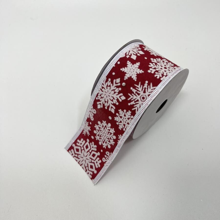 Rollo de Listón Rojo con Copos de Nieve Blancos